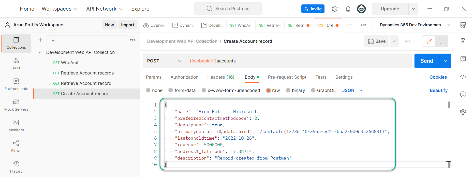 How To Create A Table Record In A Dataverse Environment From Postman